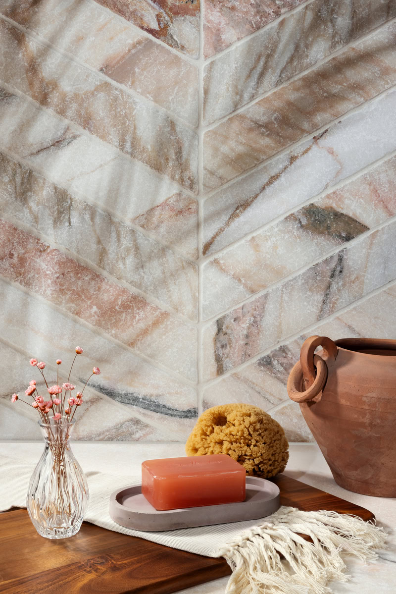 Chevron Calacatta Rosa Marble Tile | Designer Floors of Houston